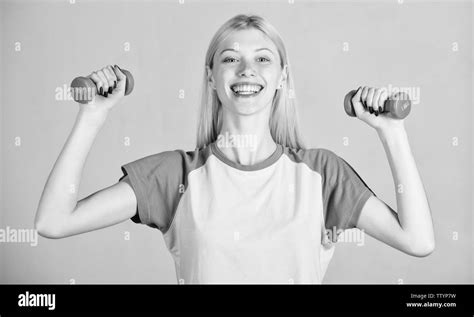 Workout With Dumbbell Biceps Exercises For Female Girl Hold Dumbbell Fitness Instructor