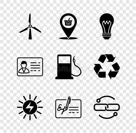 Set Wind Turbine Location Shopping Basket Light Bulb Solar Energy Panel Signed Document