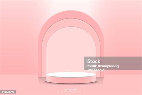 사실적인 분홍색과 흰색 3d 무대 실린더 받침대 연단이 있는 3d 스튜디오 룸은 3개의 아치 모양을 배경으로 제품 전시를