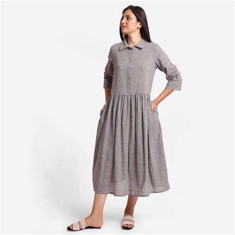 Grey Flat Collar Cotton Gathered Midi Dress