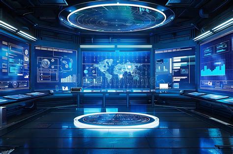 futuristic command center with interactive displays and central control