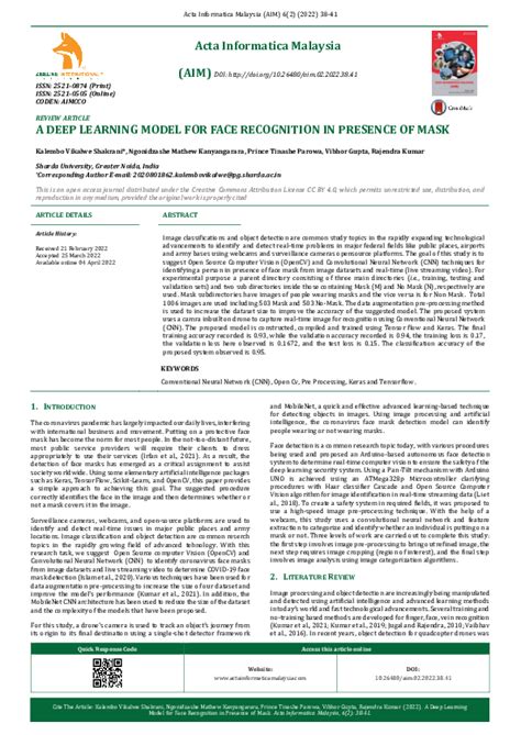 Pdf A Deep Learning Model For Face Recognition In Presence Of Mask