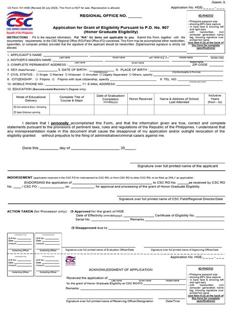 Cs Form 101 Hge Rev 28 July 2023 Download Free Pdf Identity Document Government