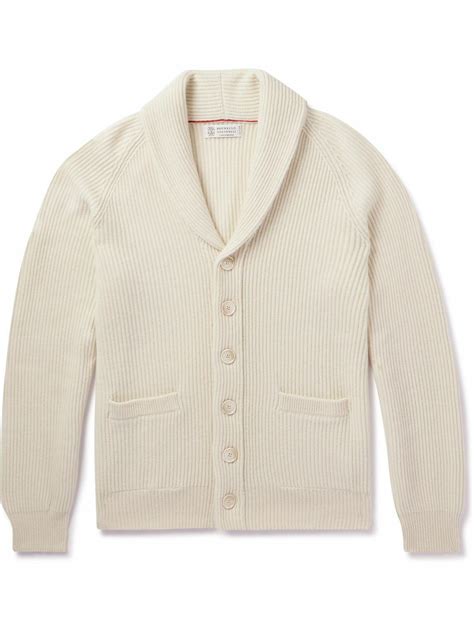 Brunello Cucinelli Shawl Collar Ribbed Cashmere Cardigan Neutrals Brunello Cucinelli