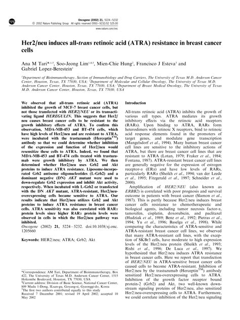 Pdf Her2neu Induces All Trans Retinoic Acid Atra Resistance In