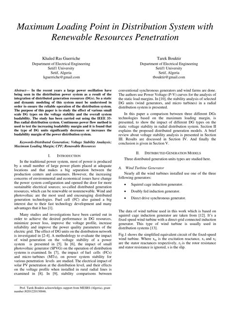 PDF Maximum Loading Point In Distribution System With Renewable Resources Penetration