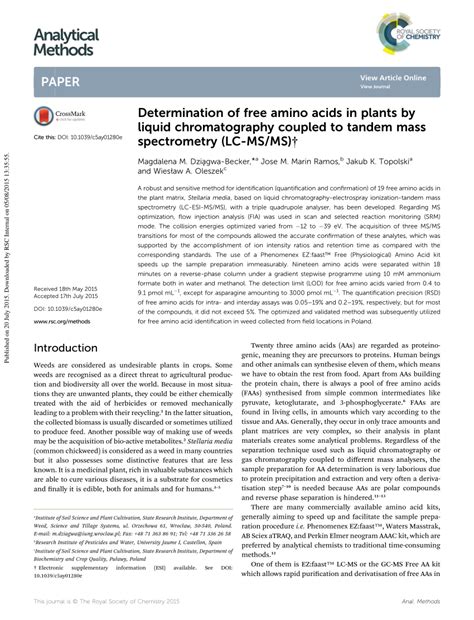 Pdf Determination Of Free Amino Acids In Plants By Liquid