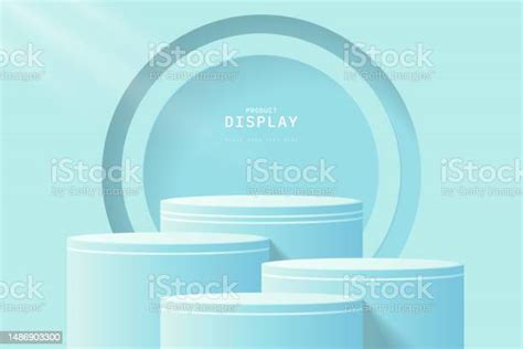 스튜디오 룸에 있는 추상적인 하늘색 3d 배경 창문 중앙에 떠 있는 둥근 모양의 현실적인 3d 실린더 연단 받침대 모형 또는 제품 전시를 위해 최소한의 벽 장면으로 렌더링