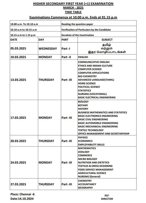 Tn 11th Public Exam Time Table 2025 Government Exams