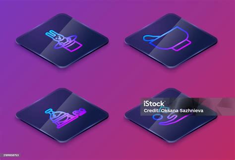 아이소 메트릭 라인 마술사 모자와 토끼 마녀 가마솥 마법석 절격포 유봉 및 큐브가 손 위에 떠 있습니다 파란색 사각형 버튼입니다