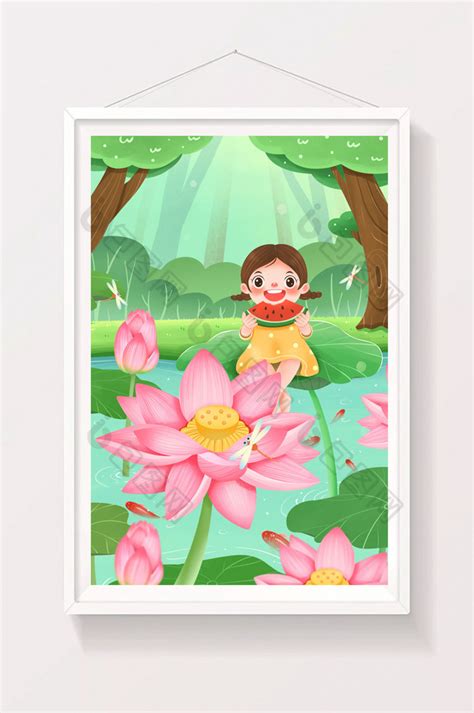 夏天立夏女孩在荷花池塘吃西瓜插画图片 包图网