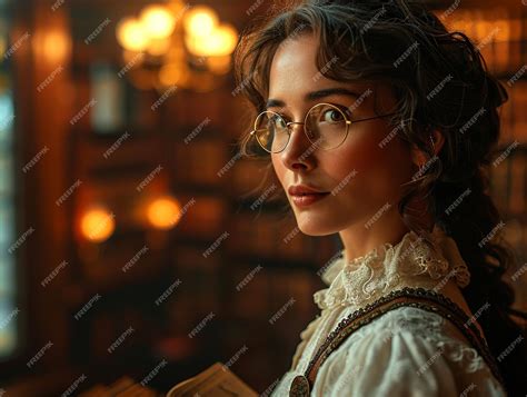 Premium Ai Image Portrait Of A Female Librarian Model Wearing Glasses