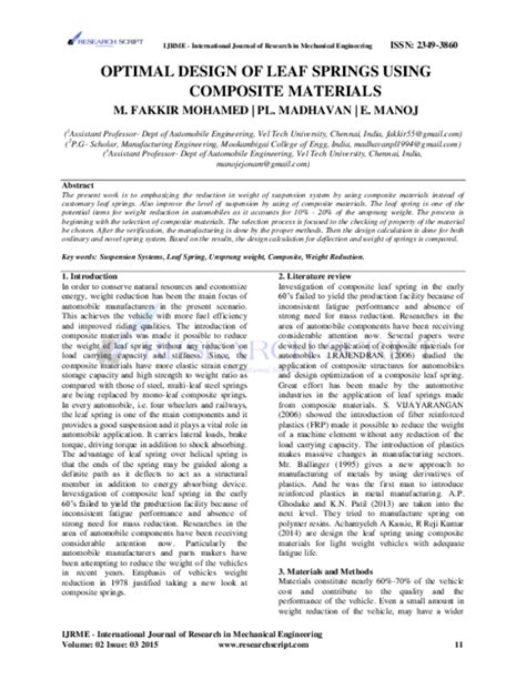 Pdf Optimal Design Of Leaf Springs Using Composite Materials
