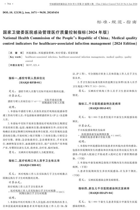 国家卫健委医院感染管理医疗质量控制指标（2024年版） 全国体外诊断网（全国实验医学网）