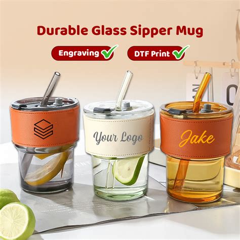 Personalised 400ml Glass Sipper Mug Cup With Leather Sleeve And Straw