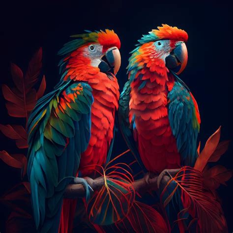 Premium Ai Image Colorful Macaw Parrots On A Branch On A Black Background