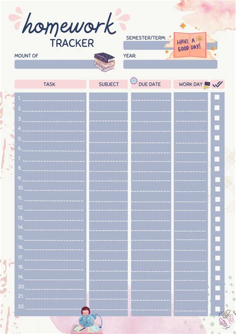 Free Homework Tracker Homework Tracker Homework Planner School