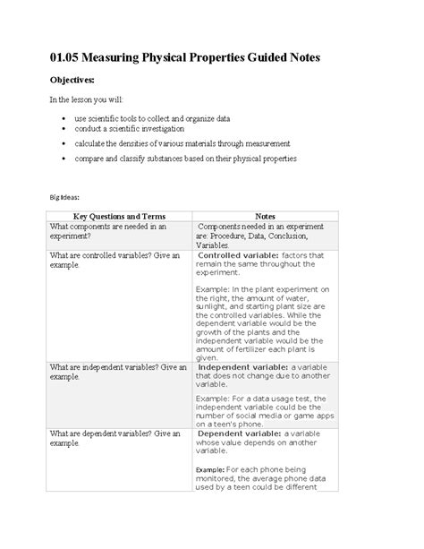 Measuring Physical Properties Guided Notes Measuring Physical Properties Guided Notes