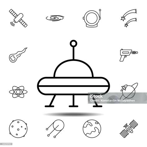 외계인 공간 Ufo 아이콘 Ui 및 Ux 웹 사이트 또는 모바일 응용 프로그램에 대해 설정 된 공간 아이콘의 간단한 얇은 선 개요 벡터 요소 과학에 대한 스톡 벡터 아트 및