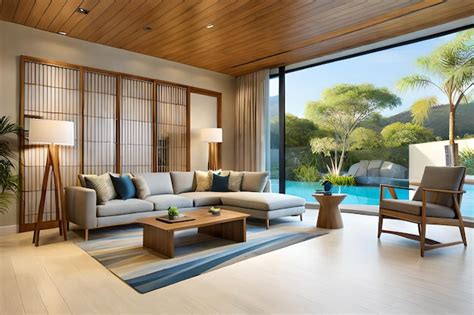 Premium Ai Image A Living Room With A Large Window Overlooking The Pool