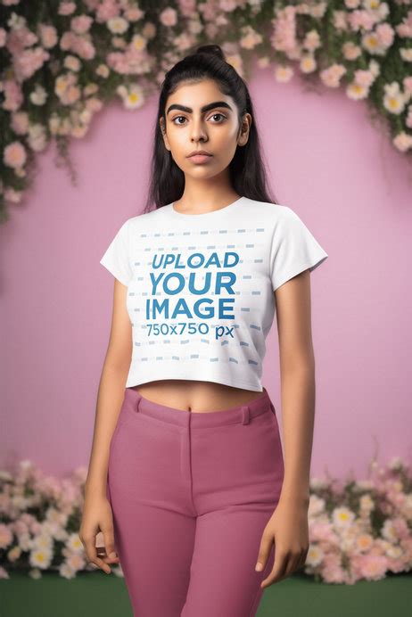 Placeit Mockup Of An AI Generated Woman Wearing A Crop Top In A Flower Decorated Setting