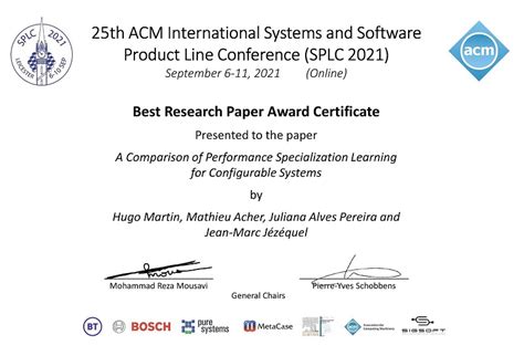 Best Research Paper Award At La Conférence Acm International Systems And Software Product Line