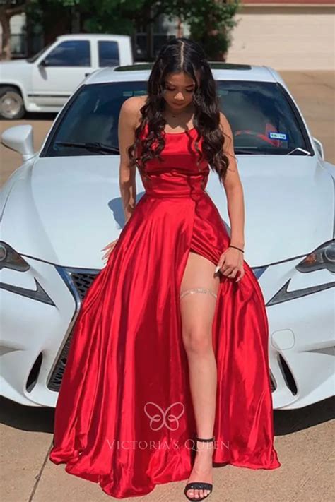 Simple Sexy Red Satin Scoop Neck High Slit Prom Dress Vq