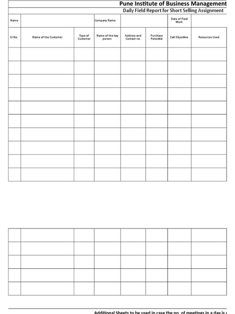 Daily Field Report For Short Selling Assignment Name Company Name Date