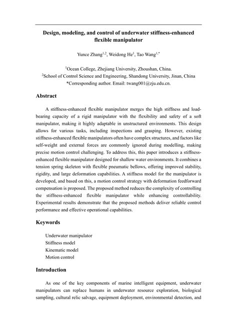 Pdf Design Modeling And Control Of Underwater Stiffness Enhanced Flexible Manipulator