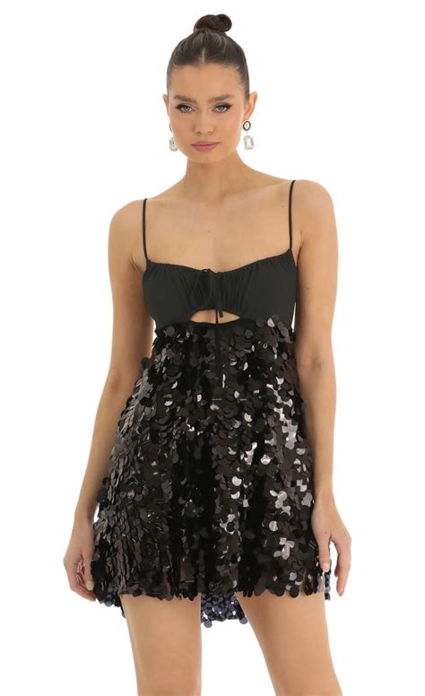 Phalyn Big Sequin Keyhole Baby Doll Dress Is Black LUCY IN THE SKY