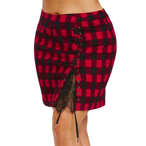 Gamiss Women Plus Size Lace Up High Waist Tartan Skirt Female Criss