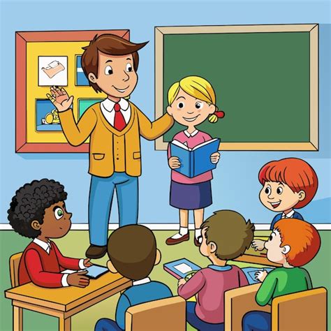 교실 에 있는 학생 들 과 함께 있는 교사 의 만화 그림 프리미엄 Ai 생성 벡터
