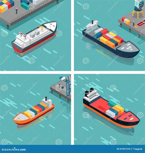 Set Of Cargo Or Container Ship Unloading Goods Stock Vector