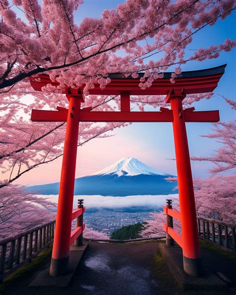 A Beautiful Mount Fuji View Through A Torii Gate Japan Landscape
