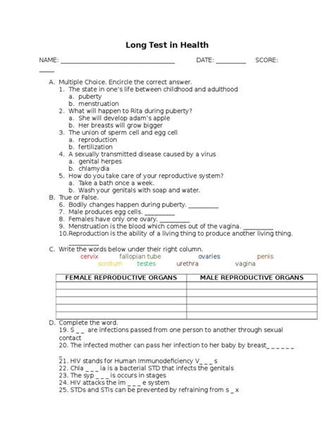 Long Test In Health Pdf Sex Organ Sexually Transmitted Infection