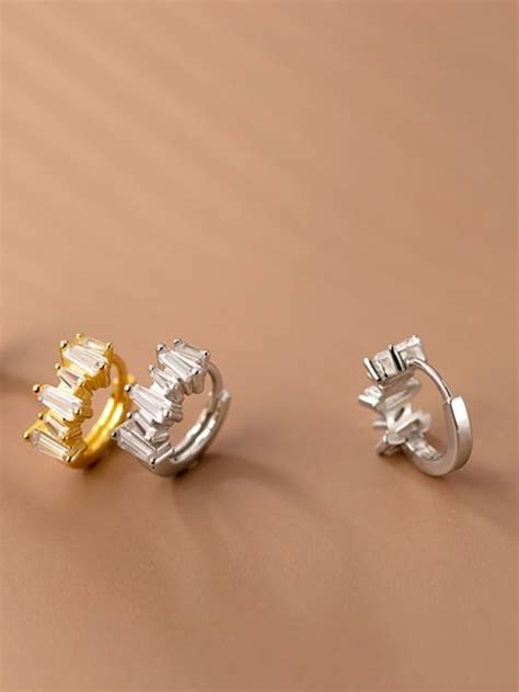 925 Sterling Silver Cubic Zirconia Geometric Vintage Huggie Earring