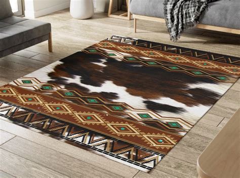 Western Cowhide Printed Area Rug Southwestern Accent Rug Tribal