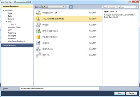 implémentation des fonctionnalités crud avec entity framework et asp