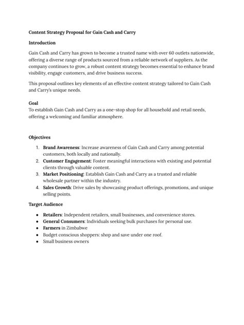 Content Strategy Proposal For Gain Cash And Carry Pdf Retail Brand