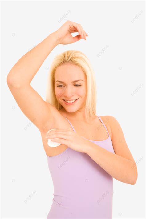 Woman Applying Deodorant Under Her Armpits Smile Blonde One Long Hair