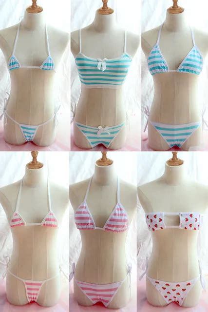 Shimapan Anime Style Blue Pink Striped Strawberry Womens Lingerie 2pcs