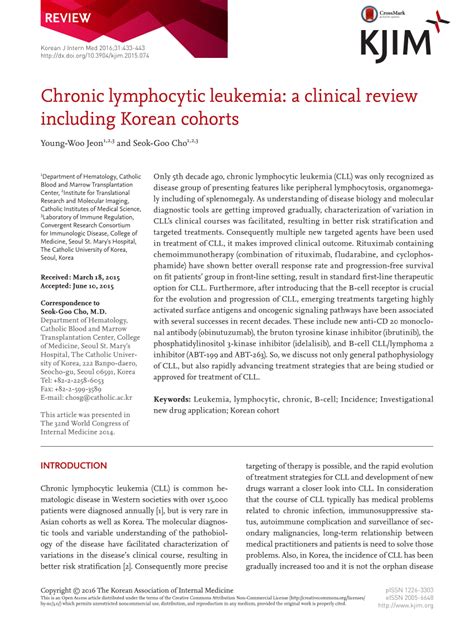 Pdf Chronic Lymphocytic Leukemia A Clinical Review Including Korean