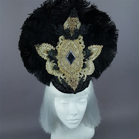 Lujo Black And Gold Feather And Filigree Headdress Pearls And Swine
