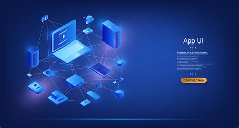 컴퓨터 스마트폰 및 서버와 같은 상호 연결된 장치를 특징으로 하는 최신 앱 사용자 인터페이스를 나타냅니다 이 디자인은 기술적 상호 작용을 강조합니다 0명에 대한 스톡 벡터