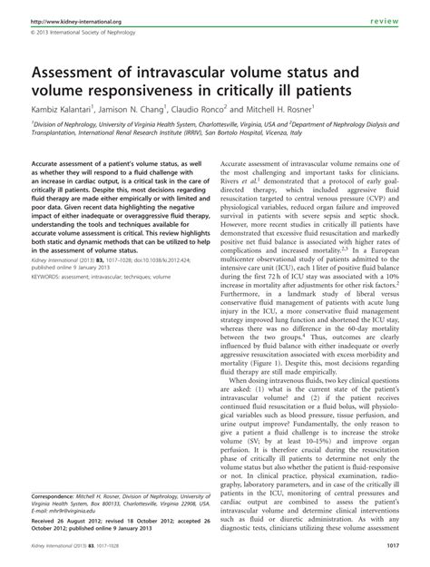 Pdf Assessment Of Intravascular Volume Status And Volume