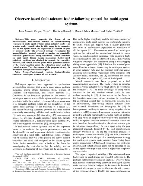 Pdf Observer Based Fault Tolerant Leader Following Control For Multi Agent Systems