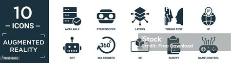 채워진 증강 현실 아이콘 세트입니다 플랫 사용 가능 입체 스코프 레이어 튜링 테스트 Ip 봇 360도 3d 설문 조사 편집 가능한 형식의 게임 제어 아이콘이 포함되어
