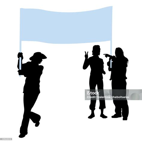 세 여자의 벡터 실루엣 여자는 승리의 표시 2 손가락 문자 V와 그녀의 손을 들어 올렸다 두 키가 큰 날씬한 소녀가 배너 청소년 시위 회의를 들고 있습니다 3 명에 대한