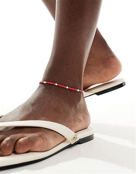 Designb London Pearl And Bead Anklet In Red Asos