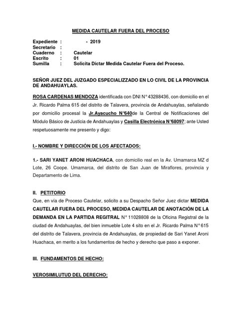 Medida Cautelar Fuera Del Proceso Rosa Cardenas Pdf Mandato Ley